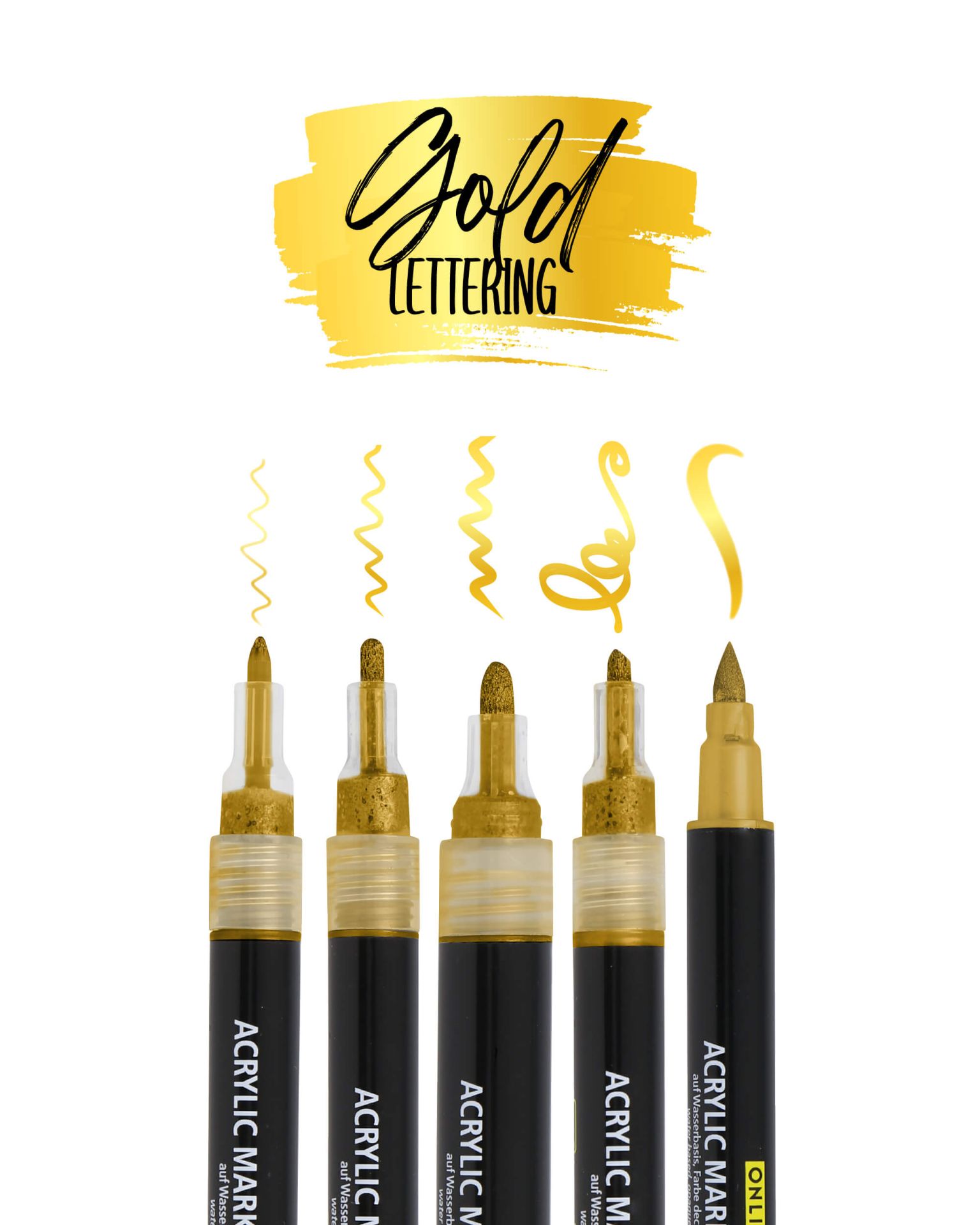Gold Lettering Set mit Acryl Marker, Fineliner und Brushpen, 5 Stifte ...